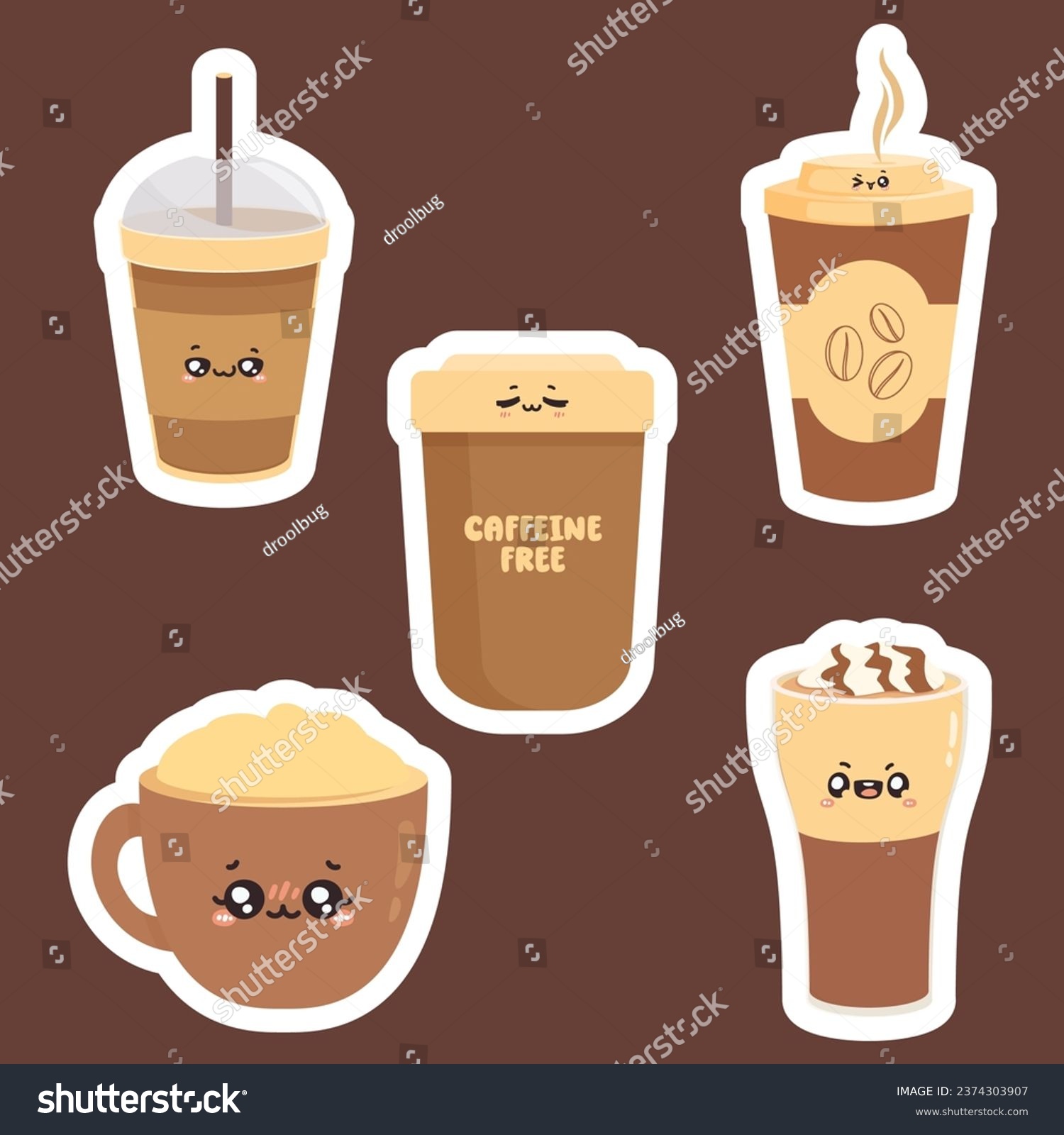 Vector set of Cute Coffee Cup Elements. Kawaii Coffee Lover Stickers ...