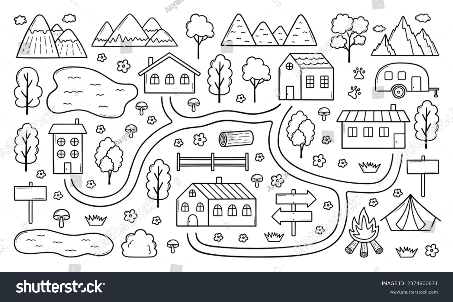 Kids camping map doodle. Village map with mountains forest roads house ...