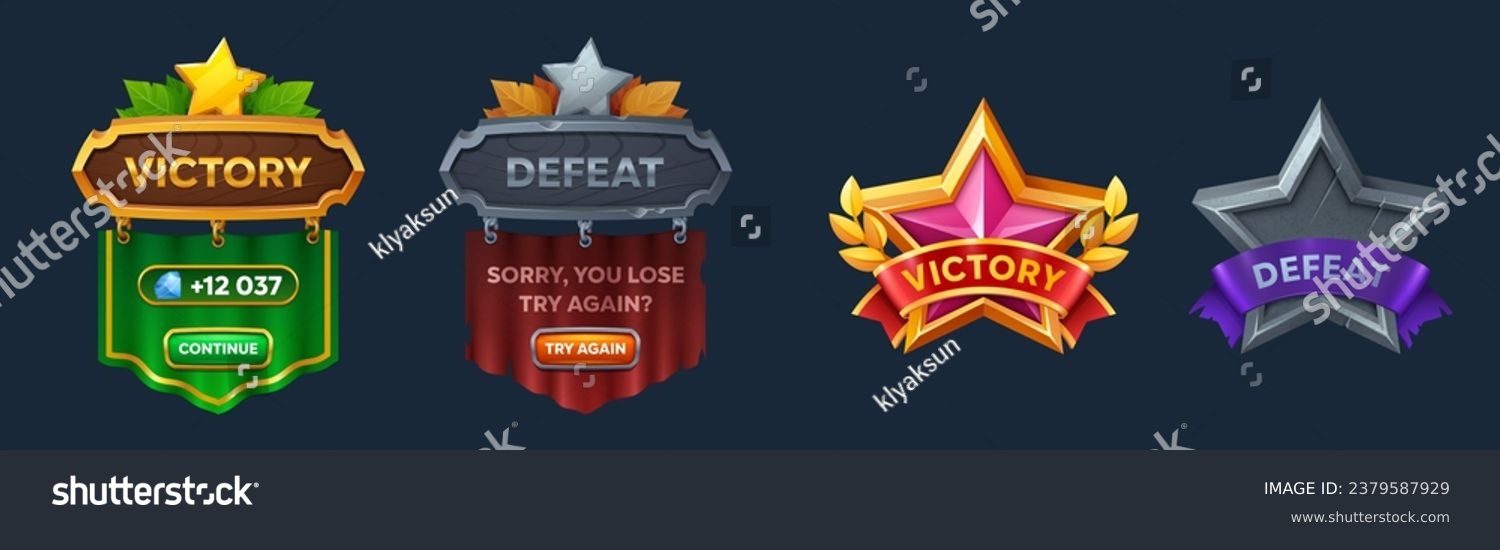 Victory and defeat ui game screen icon with ribbon. Rpg wood vector ...