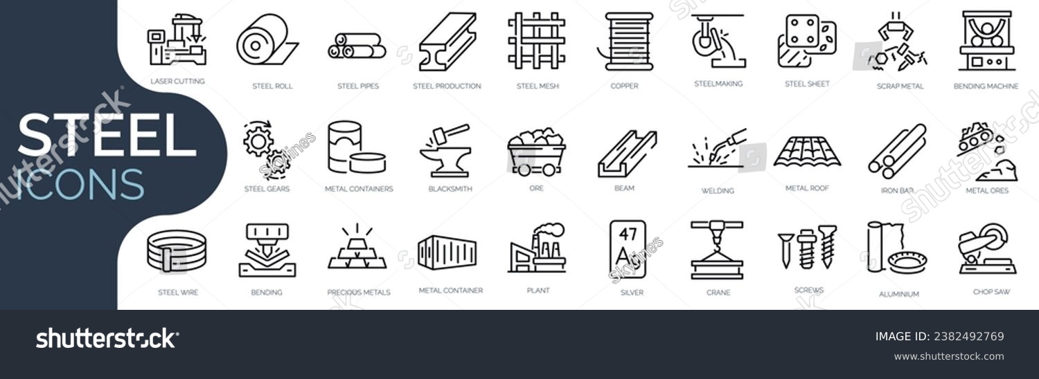 Set of outline icons related to steel. Linear icon collection. Editable ...