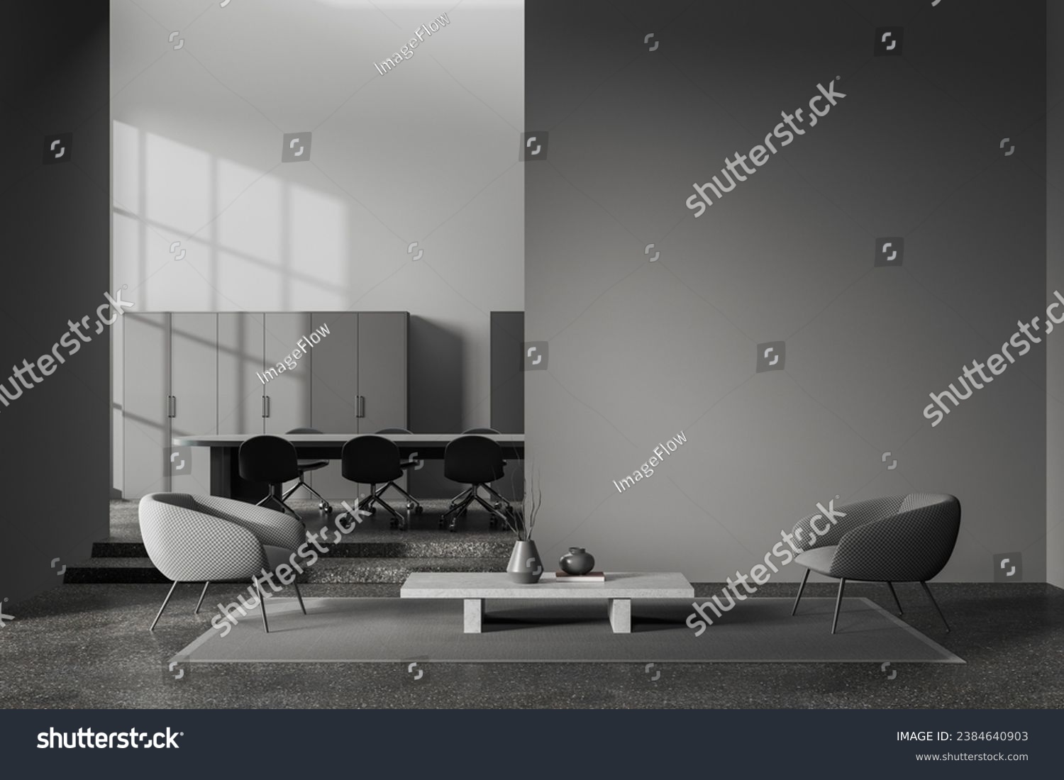 Dark stylish office room interior with two armchairs and coffee table ...