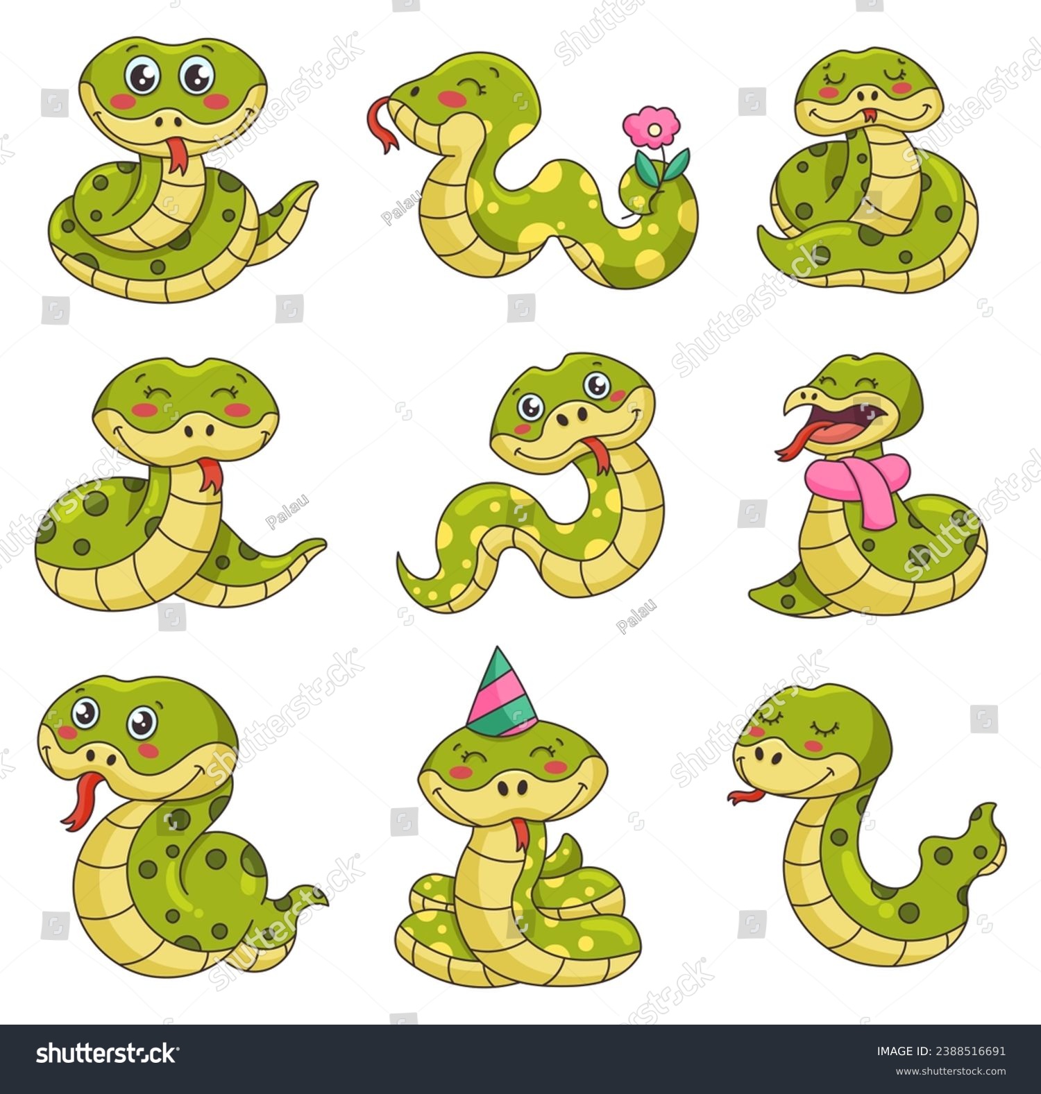 Cute happy snake cartoon. Kawaii python wild exotic animal characters ...
