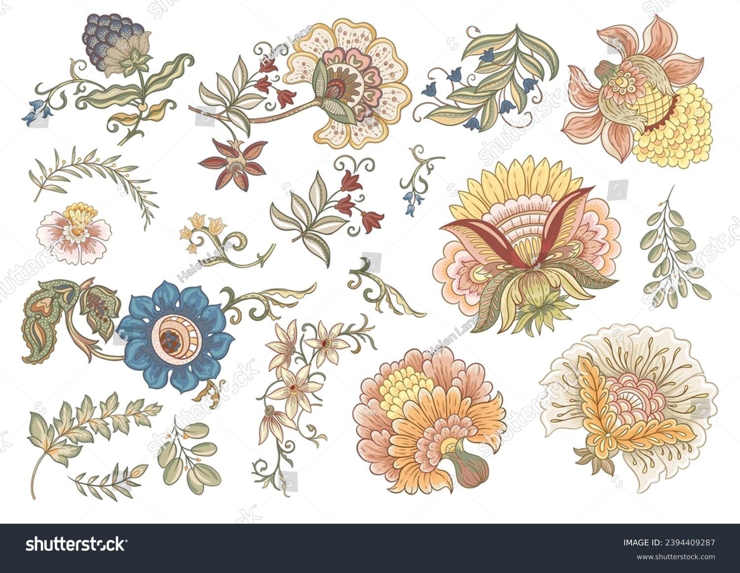 Fantasy flowers in retro vintage jacobean embroidery style. Millefleurs ...