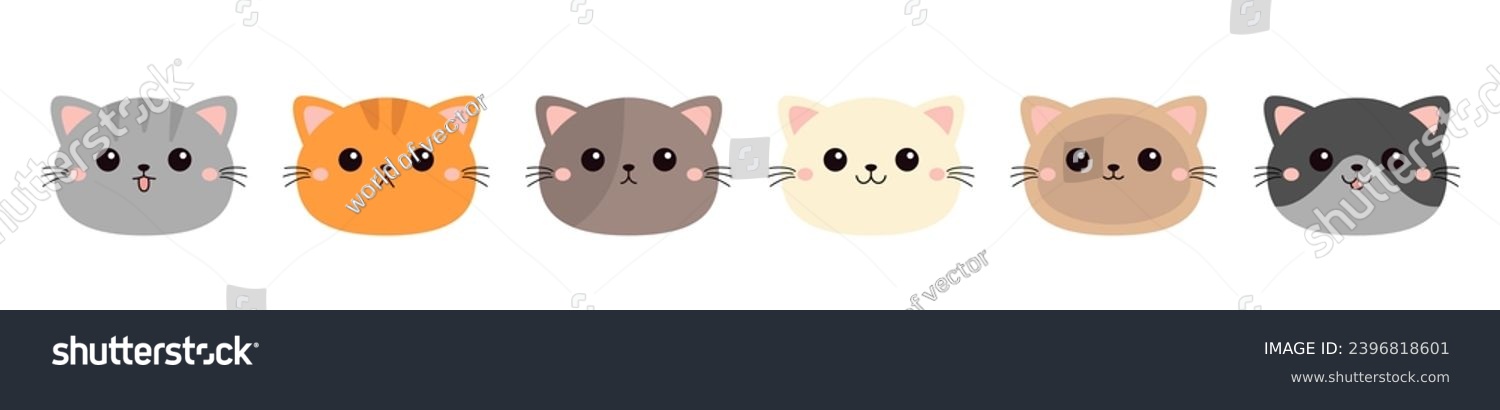 Cat face icon set line. Cute kitten kitty. Different breeds and ...