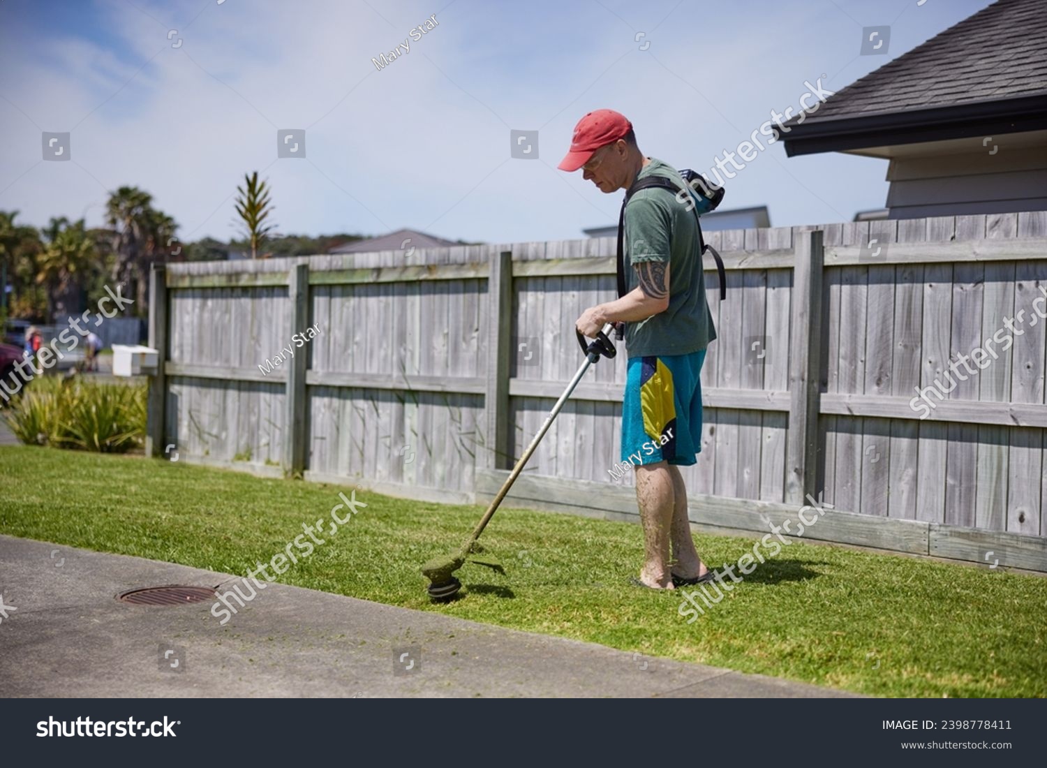 Trimming grass along a concrete slab edge. A guy with a trimmer. Real ...