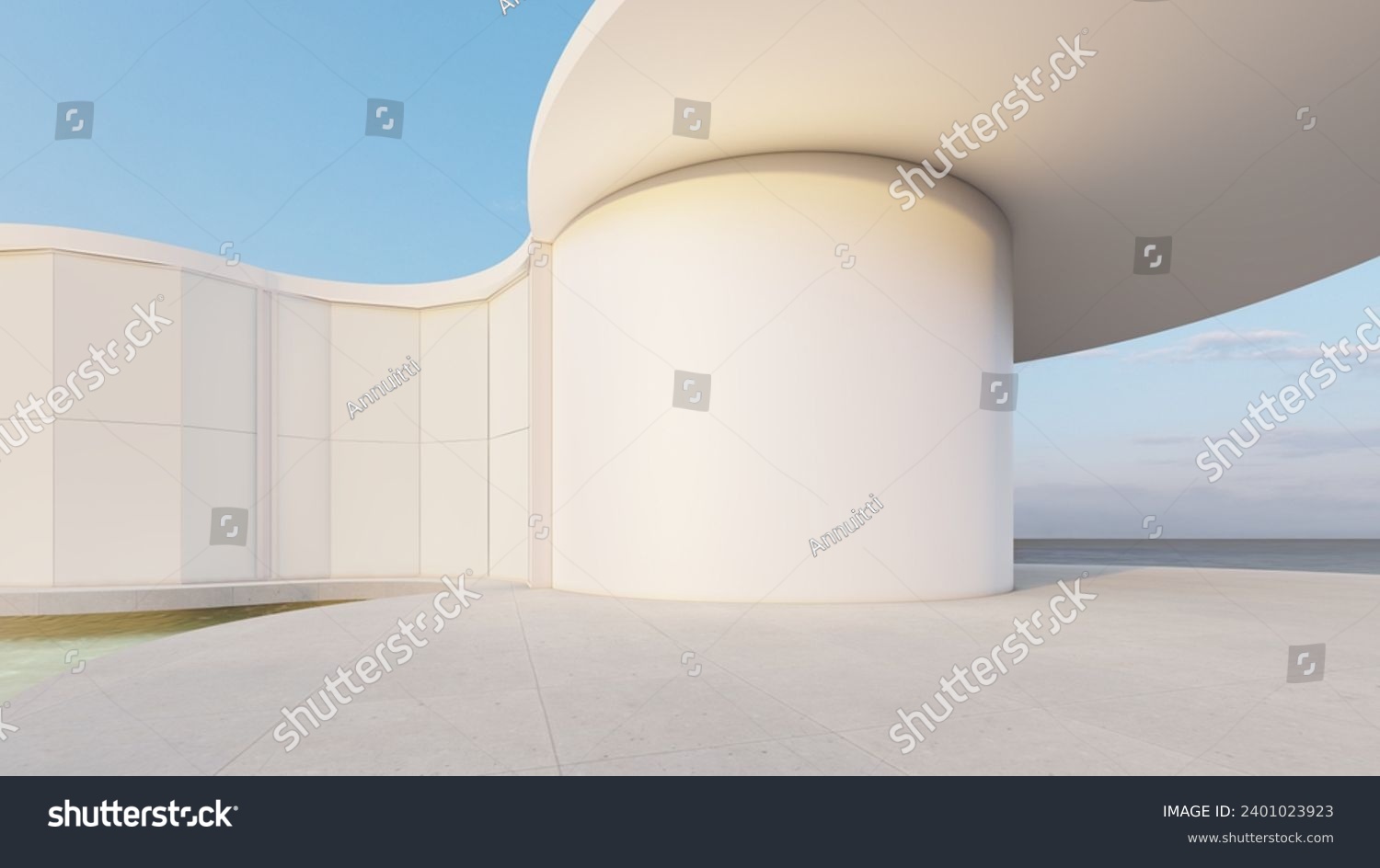 Architecture background exterior of curved wall building and sea view ...