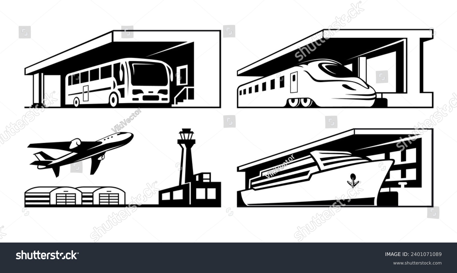 Stations public transport bus train airplane and ship monochrome line ...