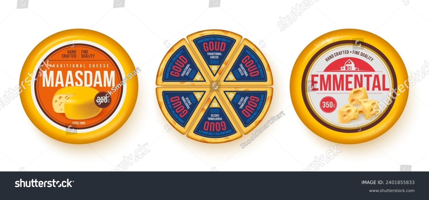 Realistic cheese label. Cheeses packaging labels design swiss snack ...