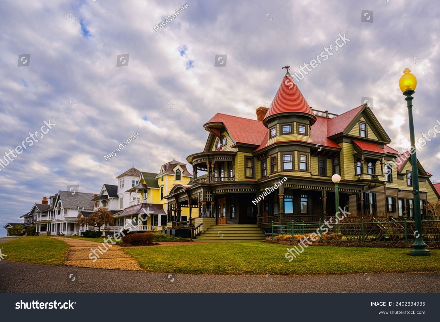 Oak Bluffs skyline houses and dramatic winter cloudscape over the Ocean Park on Martha's ...