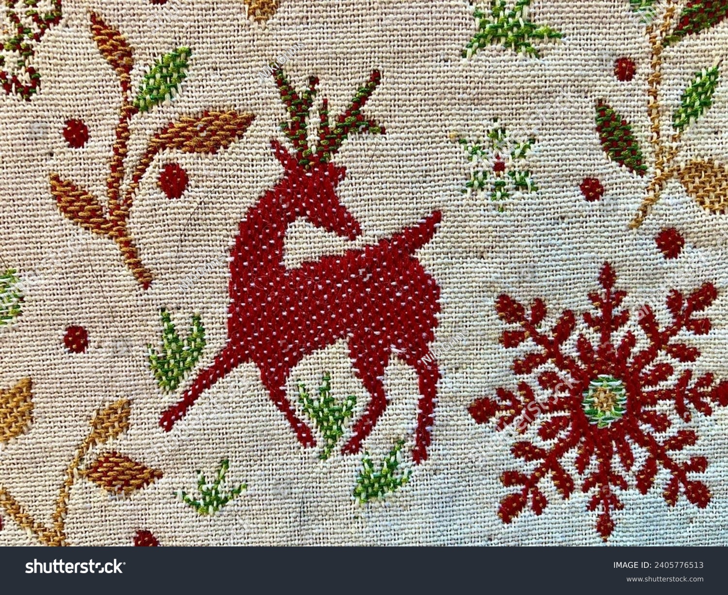 Christmas pattern with a red deer on linen fabric. Austrian handcrafted ...