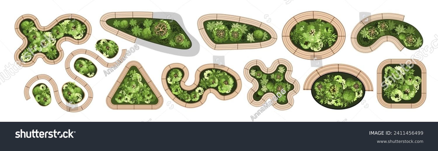 Top view elements for the landscape design plan. Benches with trees for ...