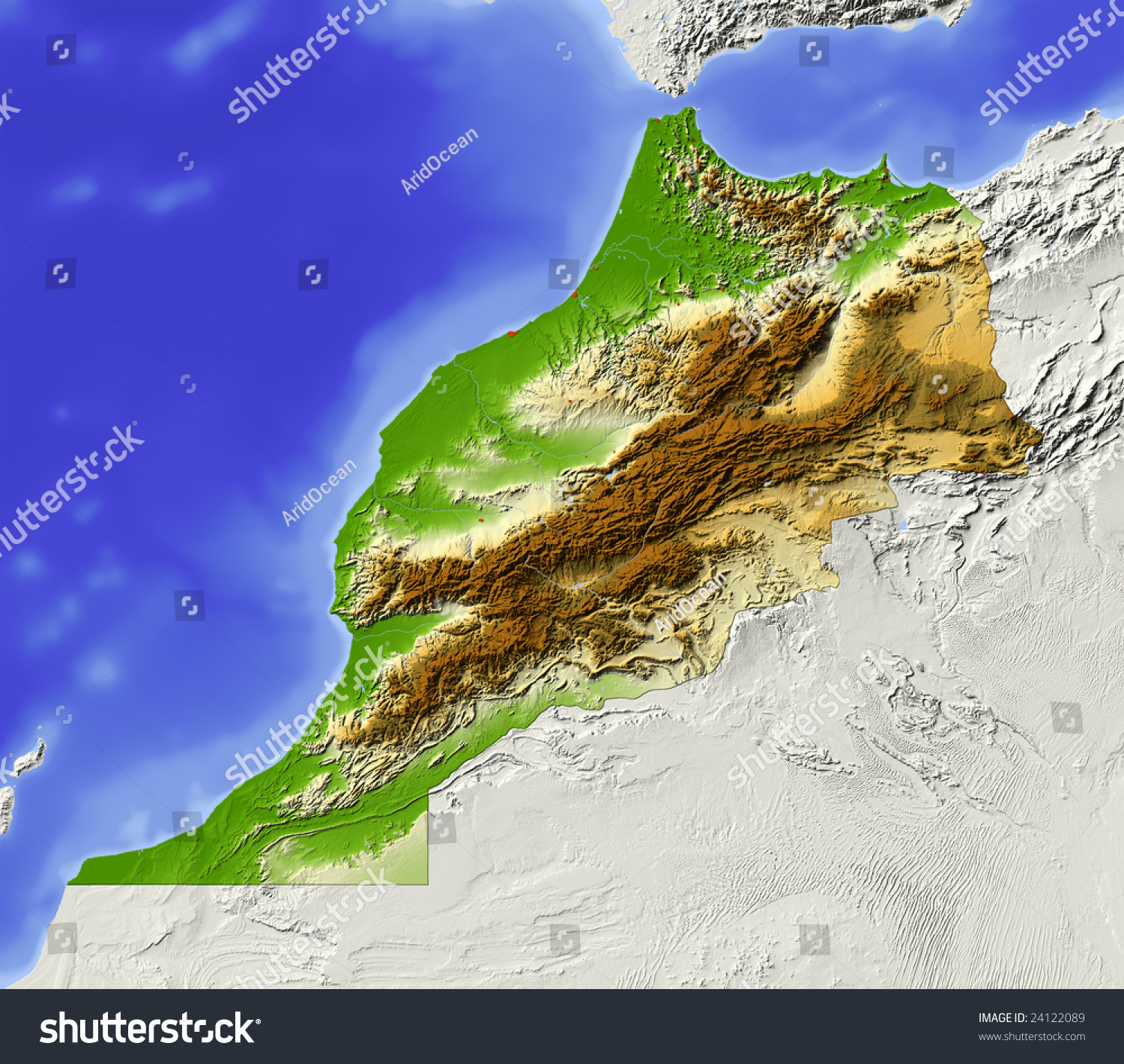 Morocco. Shaded relief map. Surrounding territory greyed out. Colored according to elevation ...
