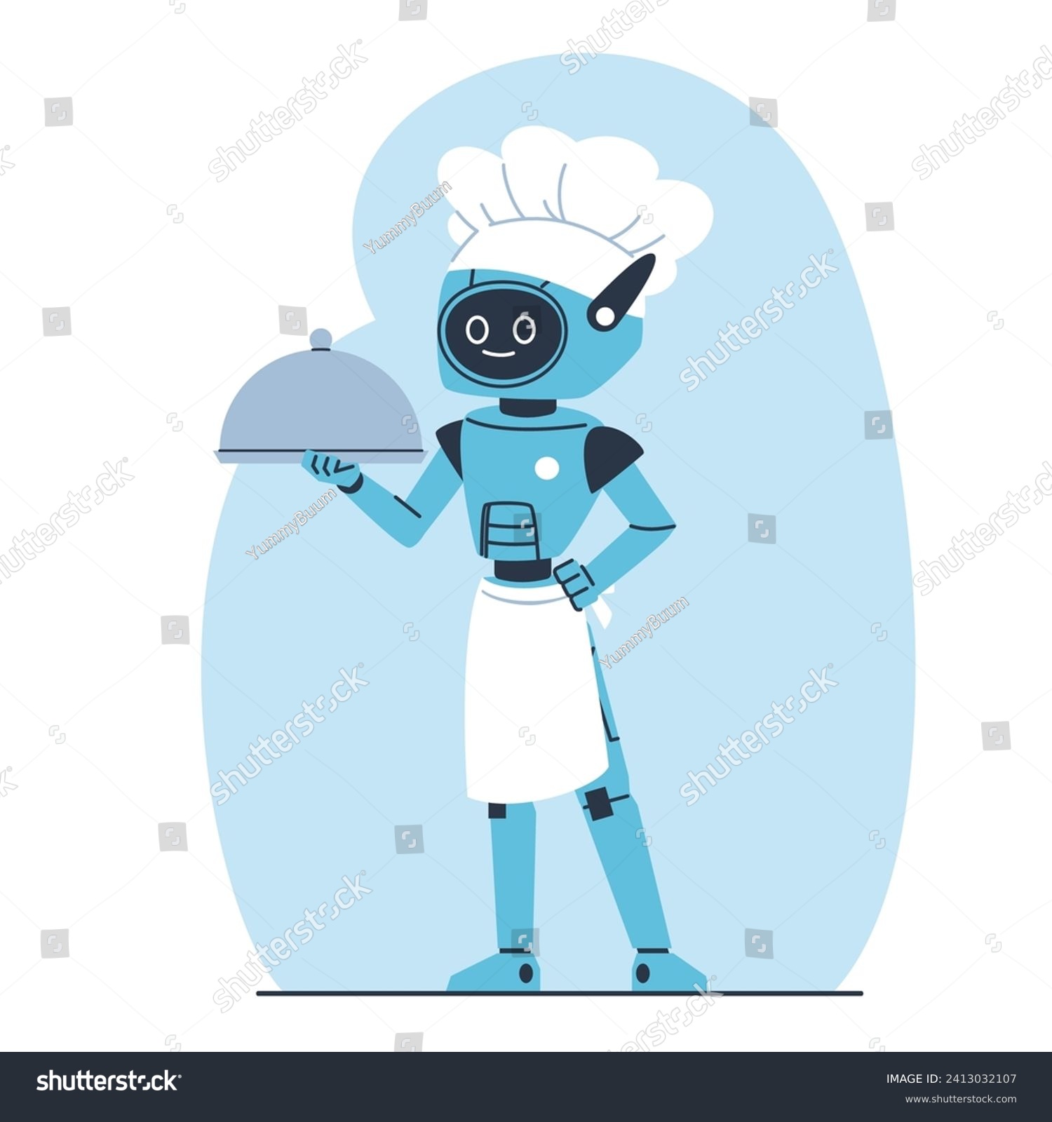 Robot chef holding serving tray. Cooking machine. AI innovation. Futuristic technology. Cyborg ...
