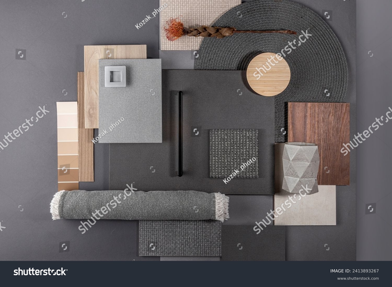 Top view dark grey composition of different types of materials for ...