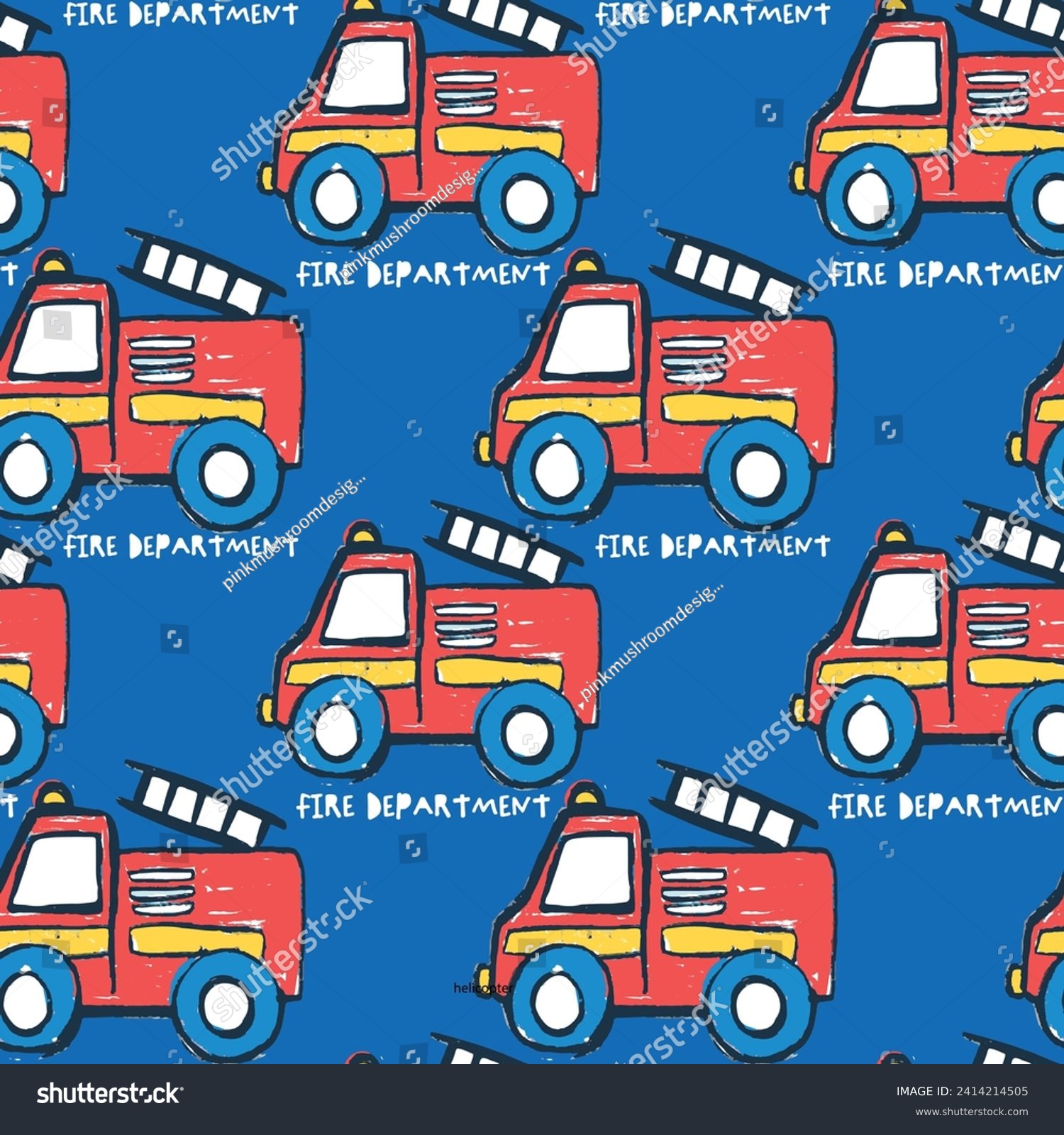 Cute funny hand drawn fire department car pattern and graphic tee ...