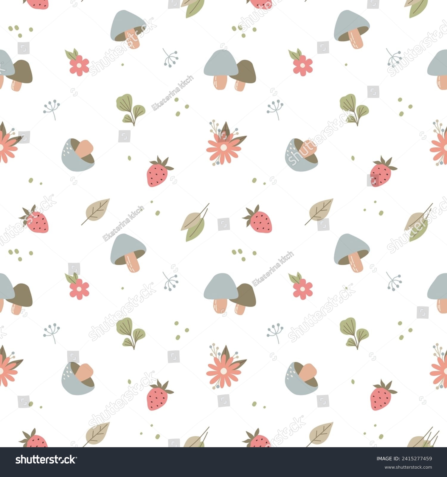 Seamless pattern with childish forest plants twigs leaves flowers ...