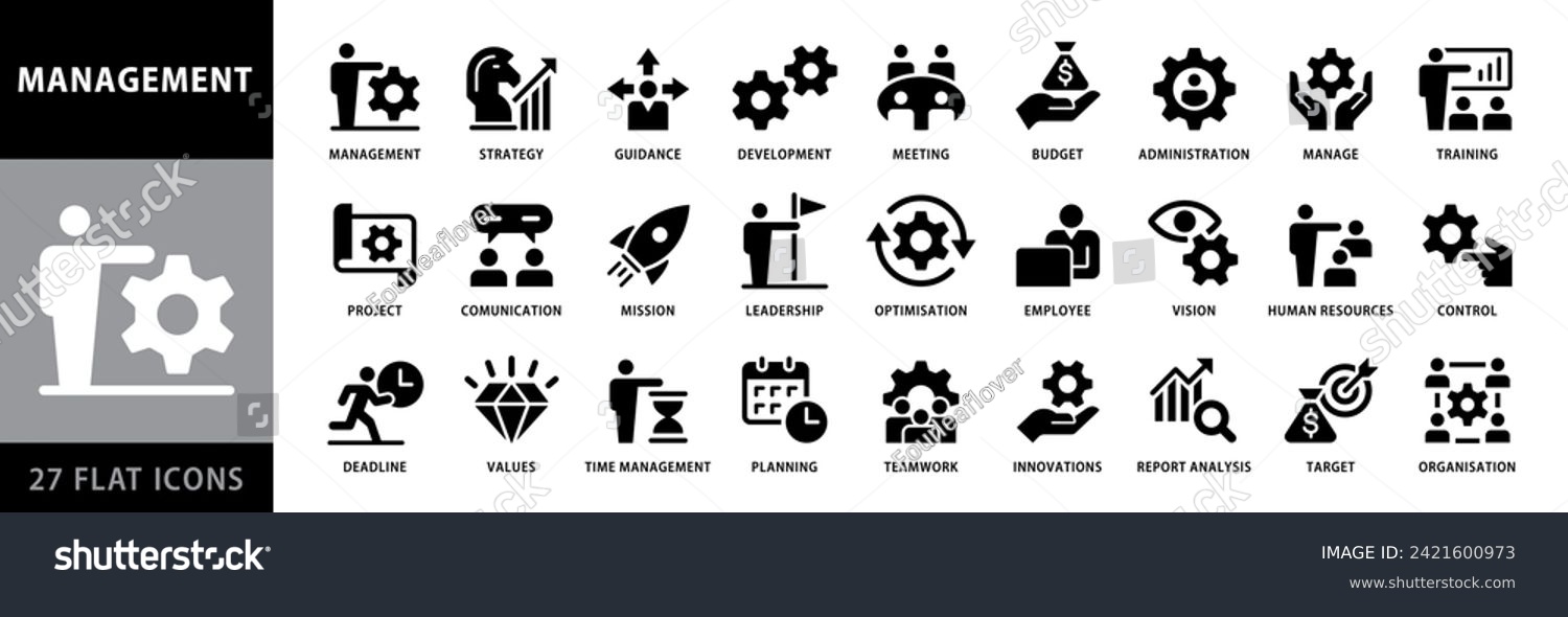 Management icon set. Black and White Flat Style icon collection. Vector ...