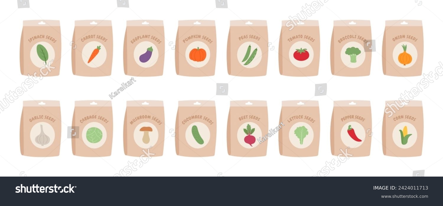 Vegetable seeds packages set. Pack of spinach mushrooms carrots ...