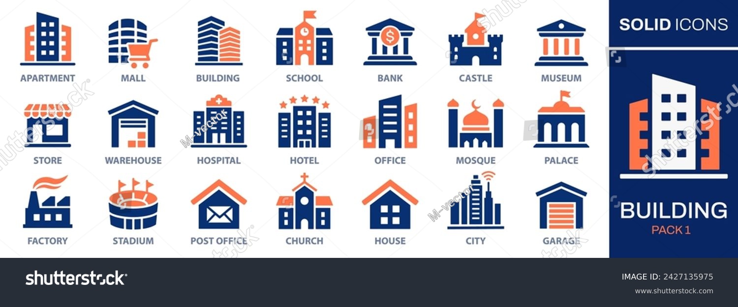 Building icon set. Collection of house home store office apartment and ...