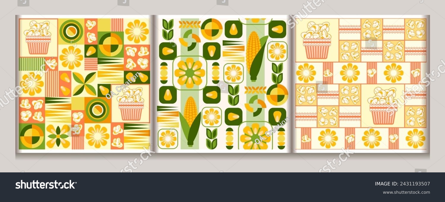 Seamless geometric patterns with icons of popcorn corn cob corn grains ...