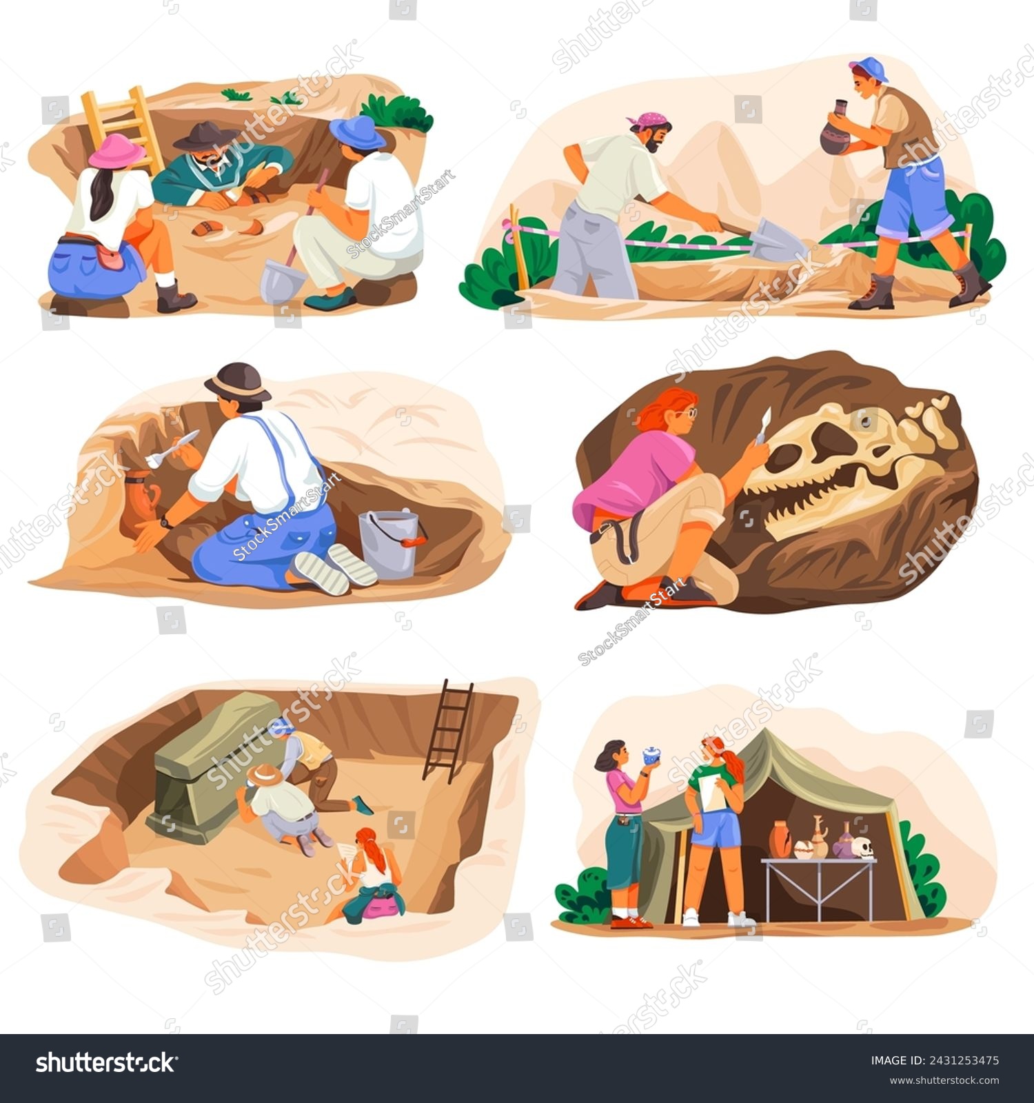 Archaeologist. Cartoon archeologist working with dig instrument on ...