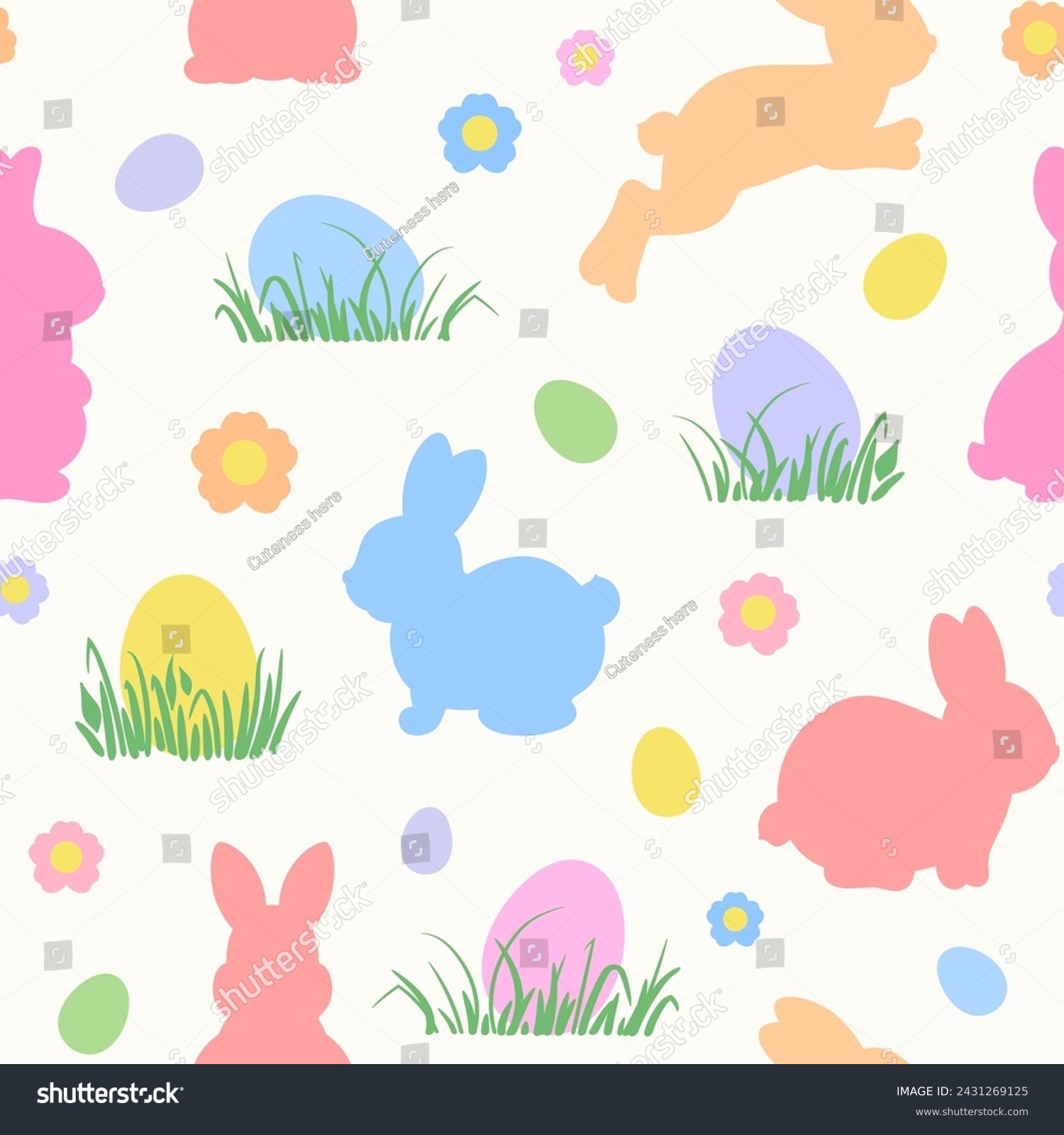 Cute spring Easter bunnies seamless pattern. Rabbits and eggs repeat ...