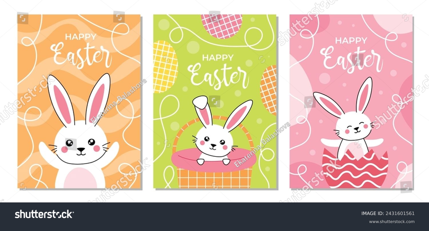 Cute Easter cards or posters collection. Spring set of easter flat bunny. Vector illustration ...