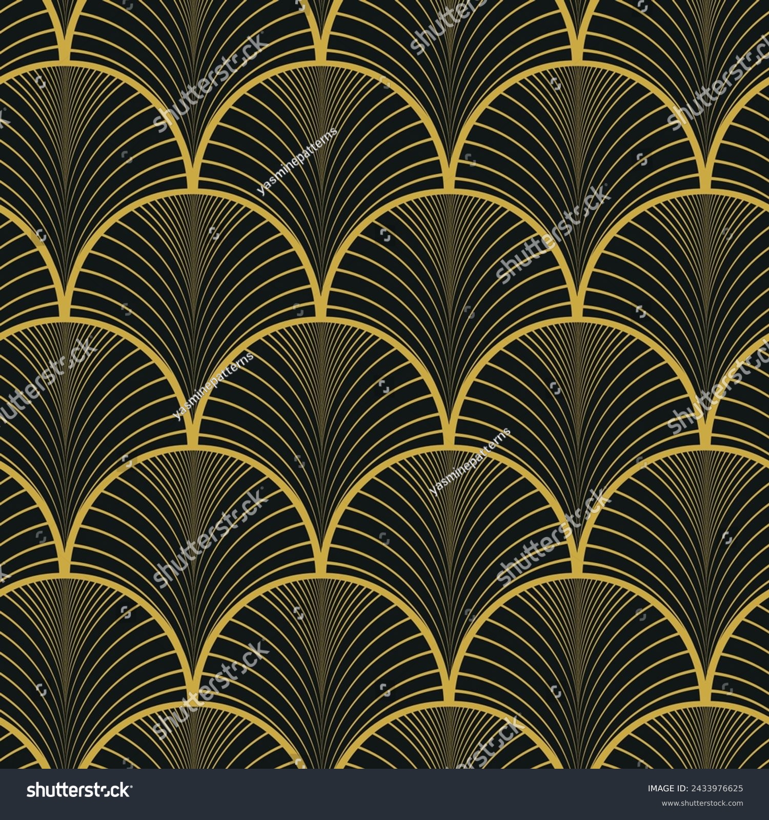 Art deco golden fans on black background seamless pattern. For ...