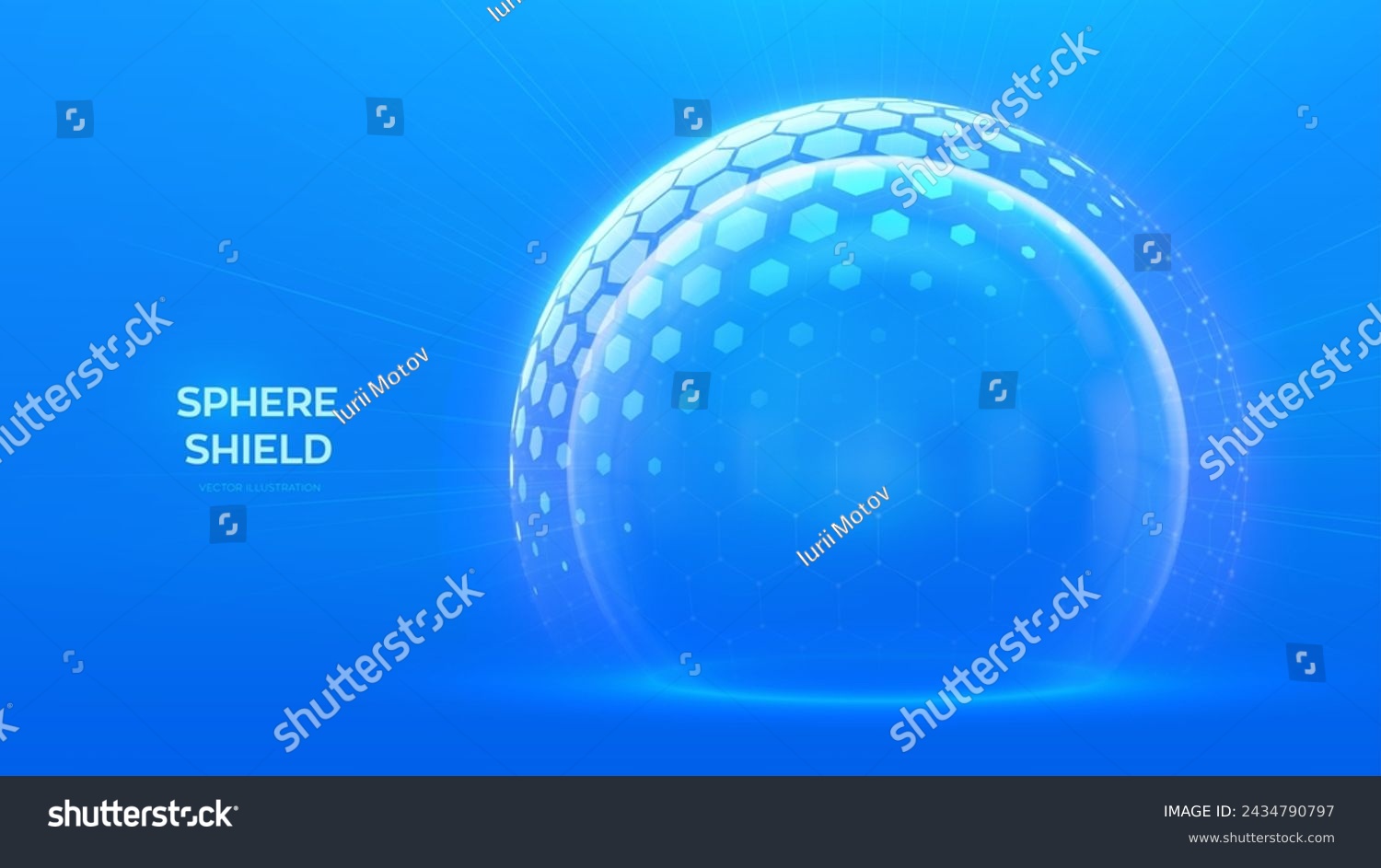 Protection sphere shield with hexagon pattern on blue background. Glass ...