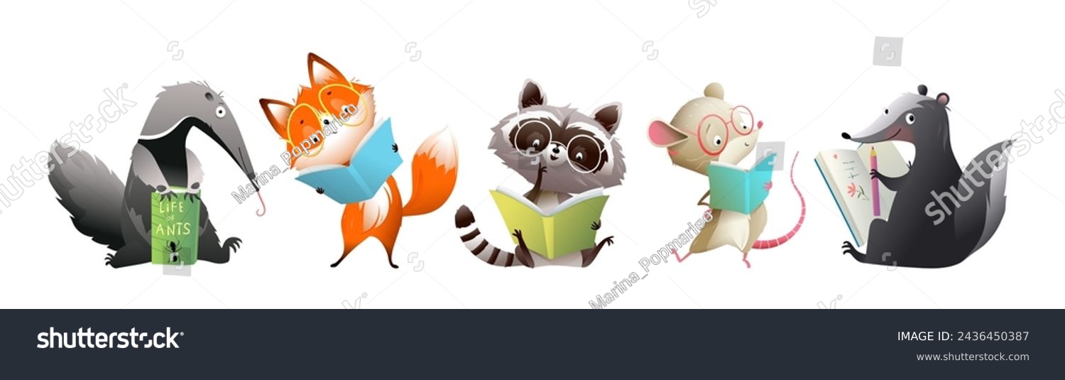 Cute animals reading books or study hand drawn characters for kids. Library and literature ...