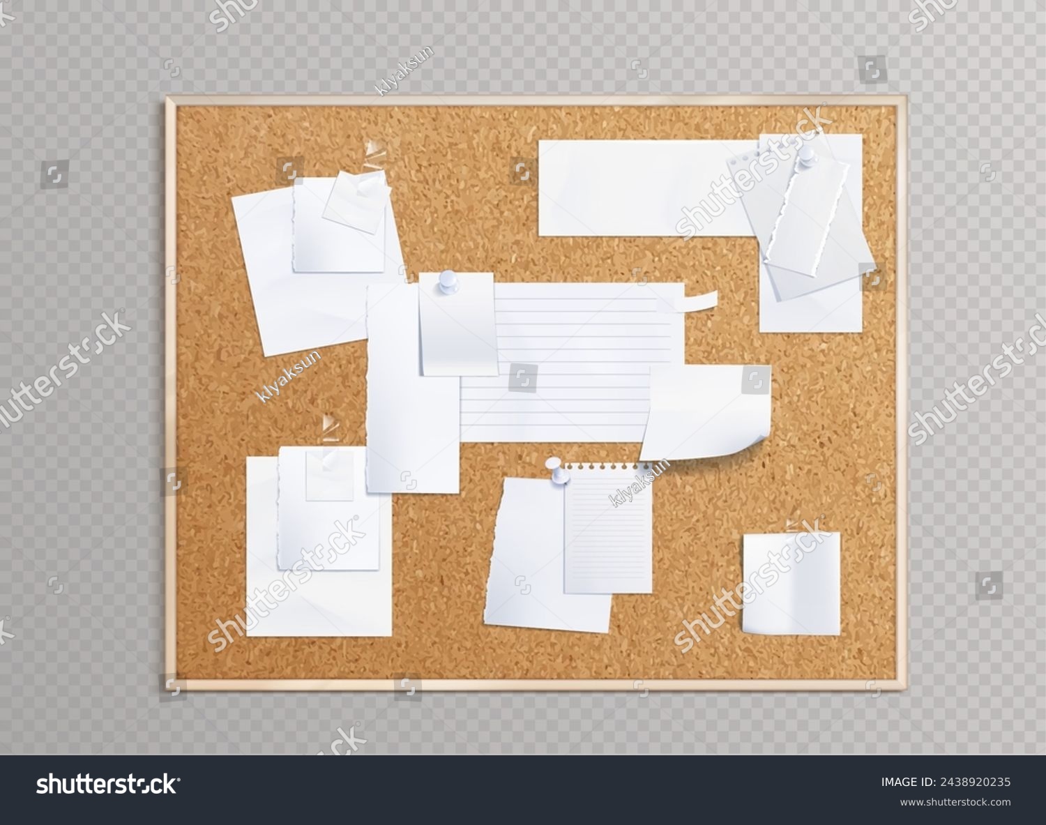 Cork board with white note papers attached with adhesive tape and pins ...