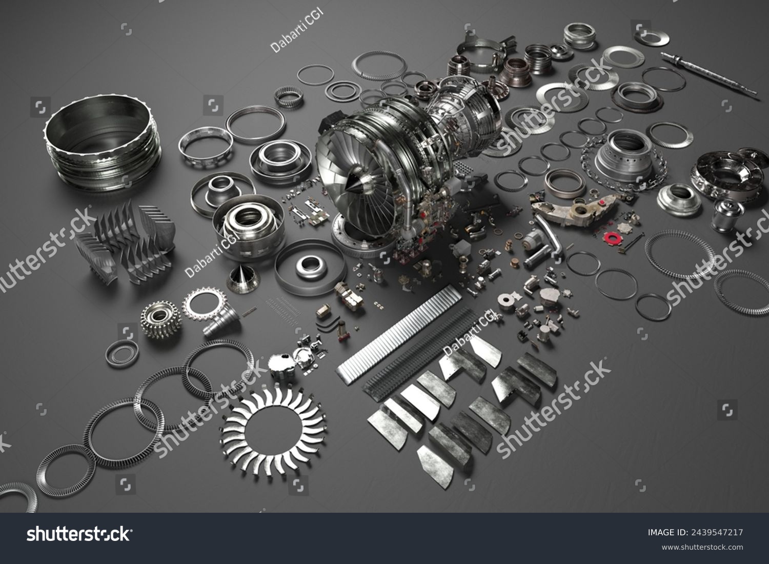 This intricate image showcases a disassembled jet engine with each part ...