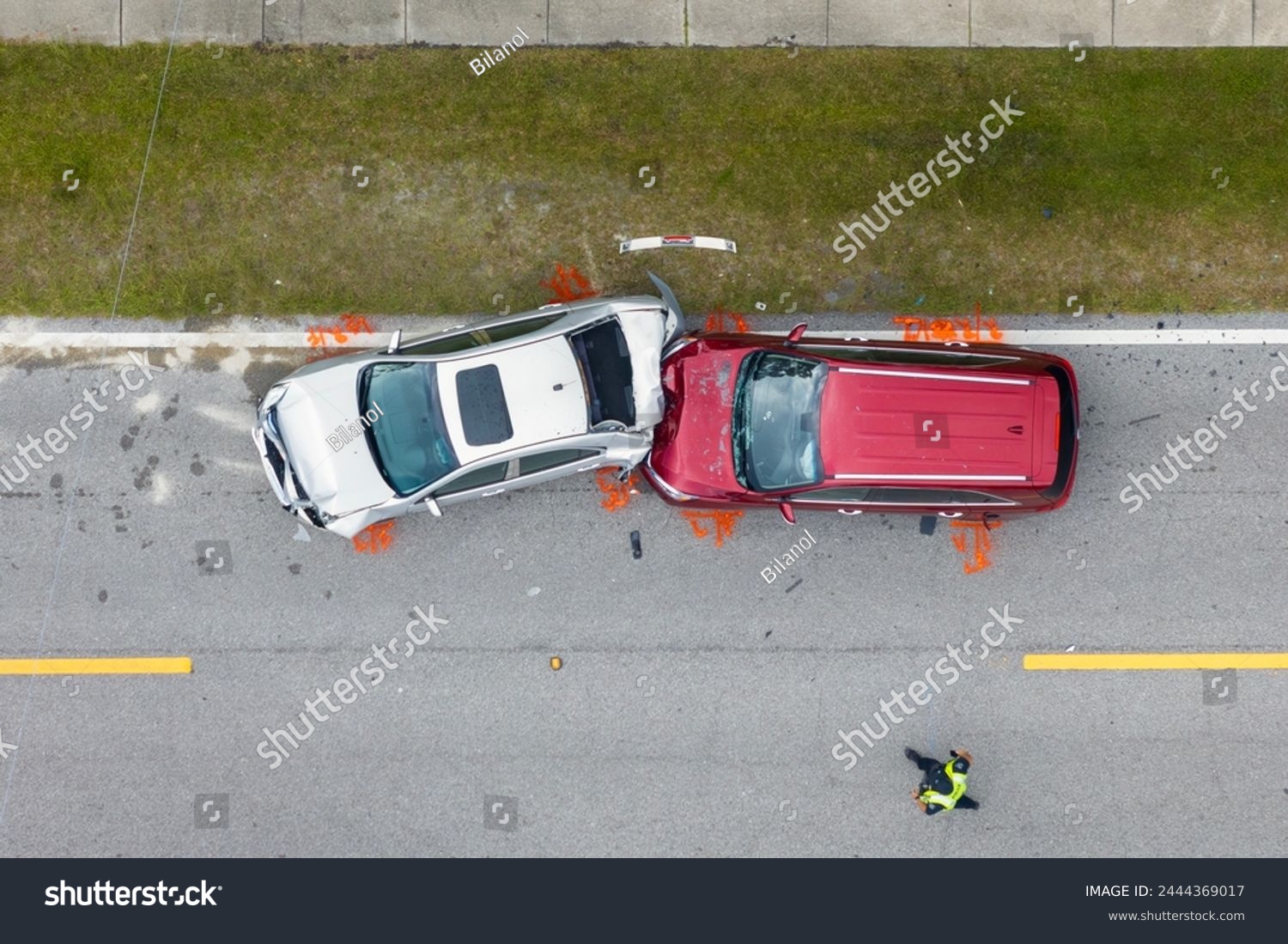 Car crash with two vehicles collided at traffic accident site on ...