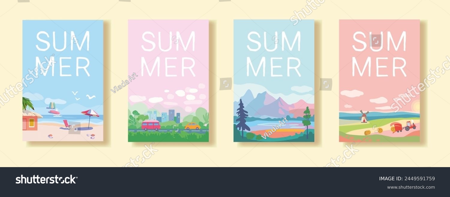 Set of summer travel and vacation posters. Landscapes of sea resorts ...