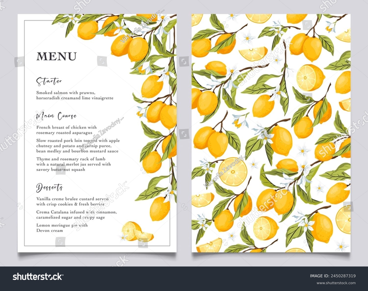 Lemon citrus menu card template. Summer wedding food selection card ...