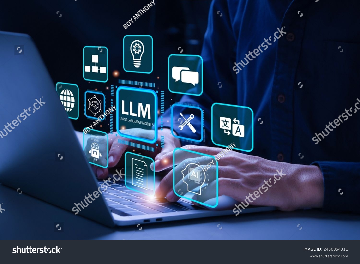 LLM AI Large Language Model concept. Businessman working on laptop with ...