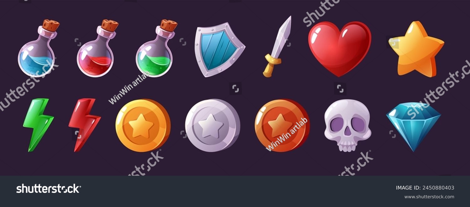 Cartoon game icons. Potion vials and magic elixirs health heart and ...