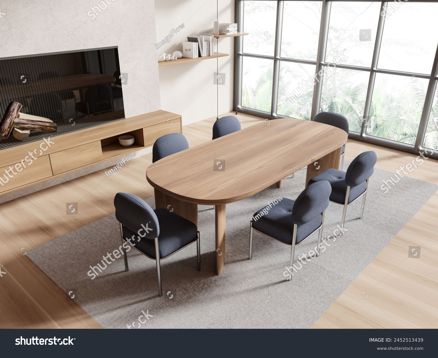 Modern dining room interior with wooden table and chairs on a wooden ...