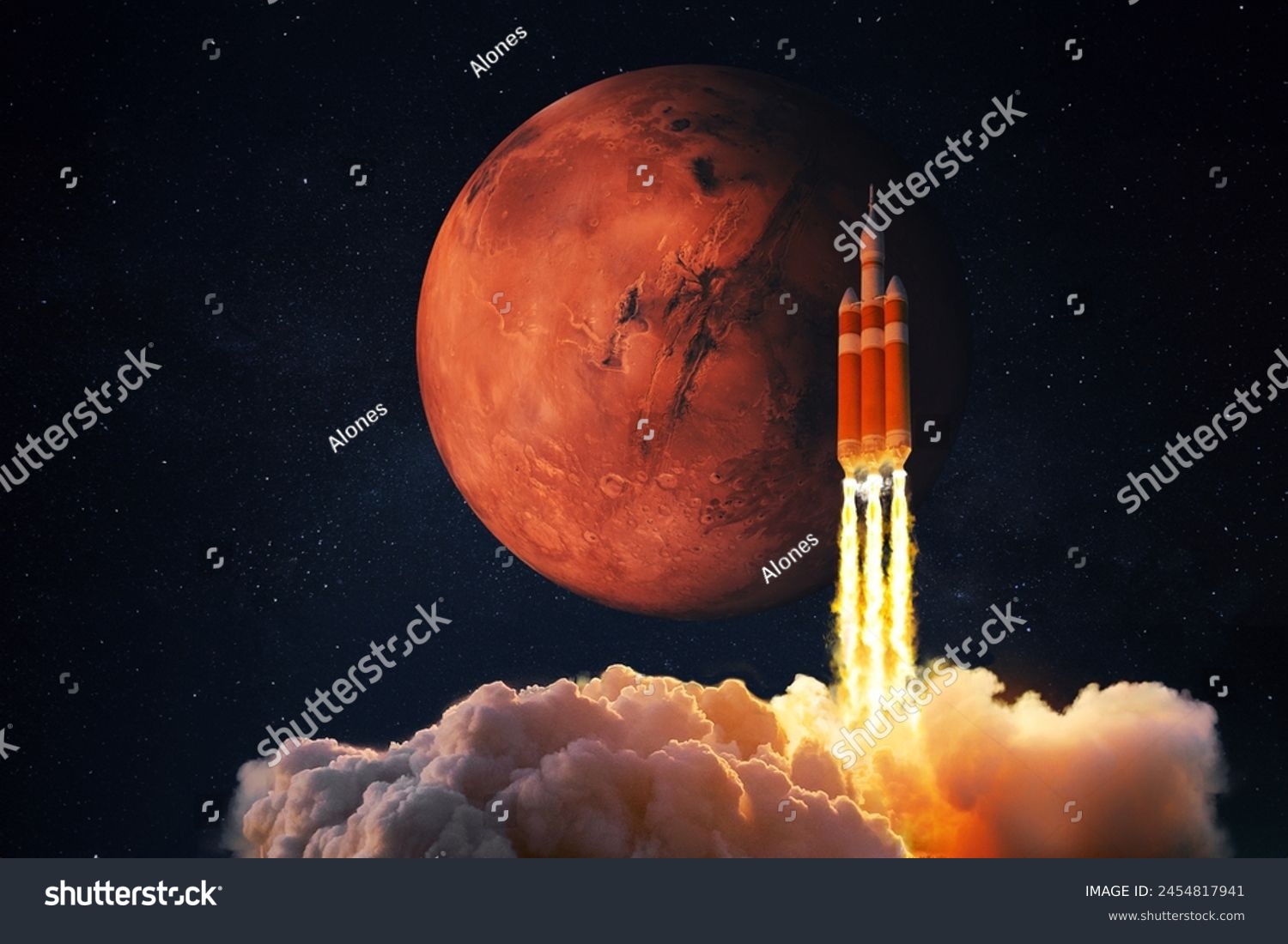 Spacecraft takes off into space. Rocket flies to Mars. Red planet Mars ...