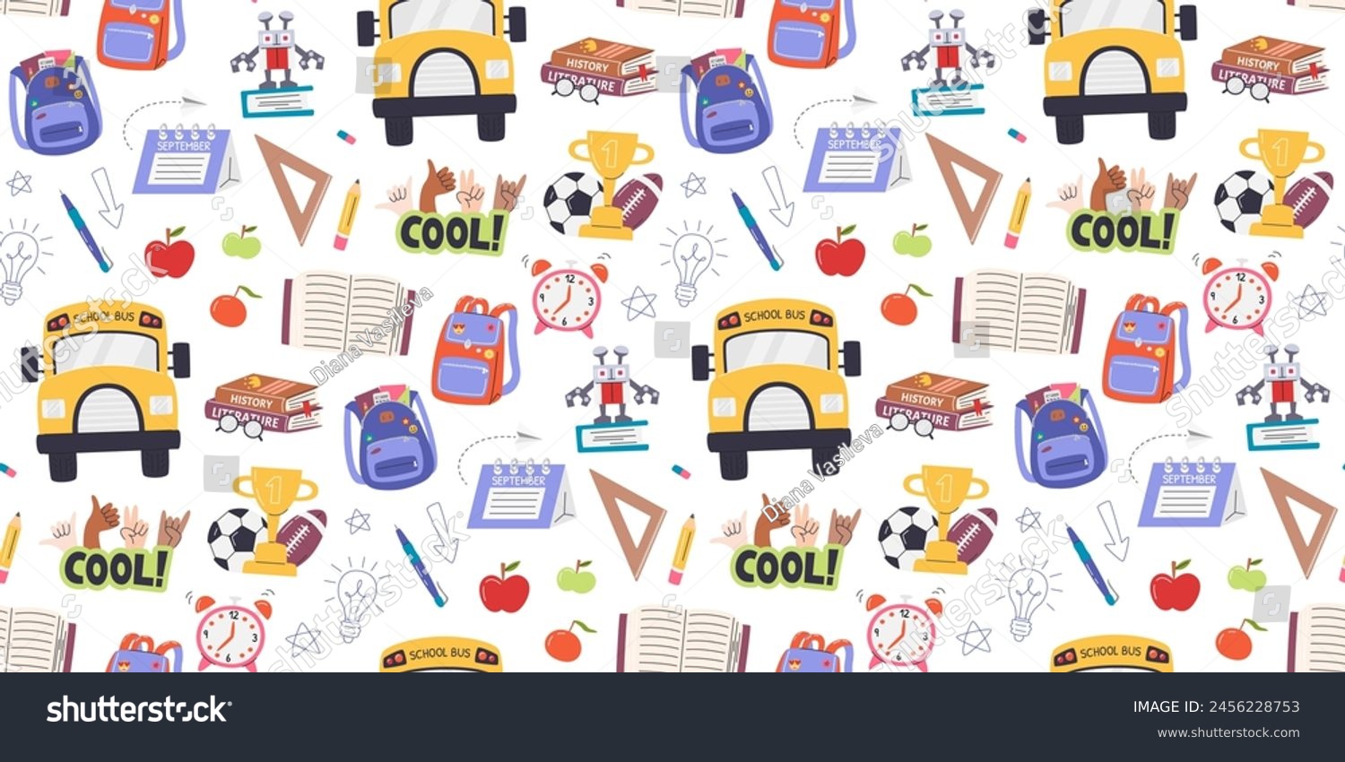 Back to school seasonal horizontal repeating wallpaper. Cute school elements seamless pattern ...