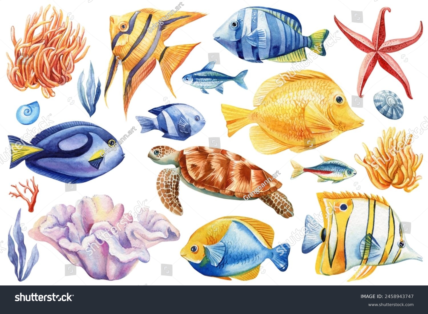 Sea Fish turtle starfish coral and shell. Watercolor Illustration ...