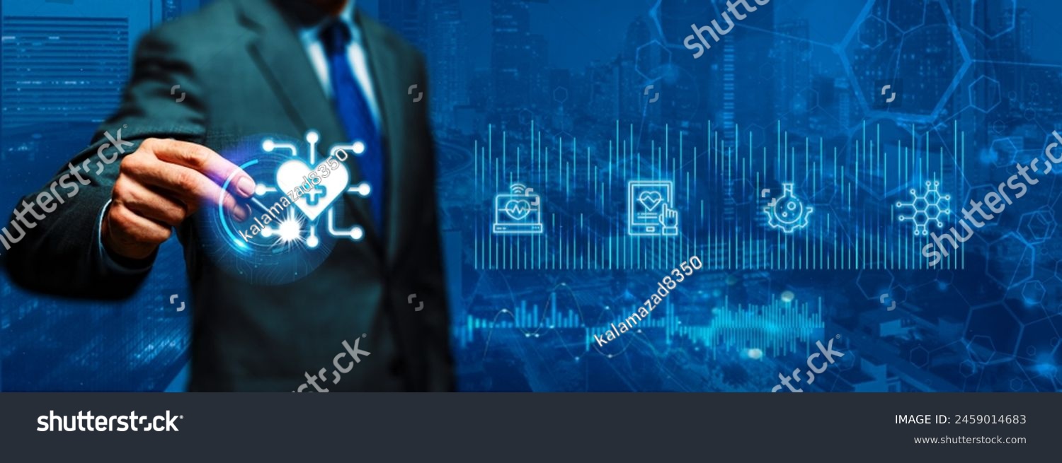 A businessman pointing to a breakthrough in health IT that opens the ...