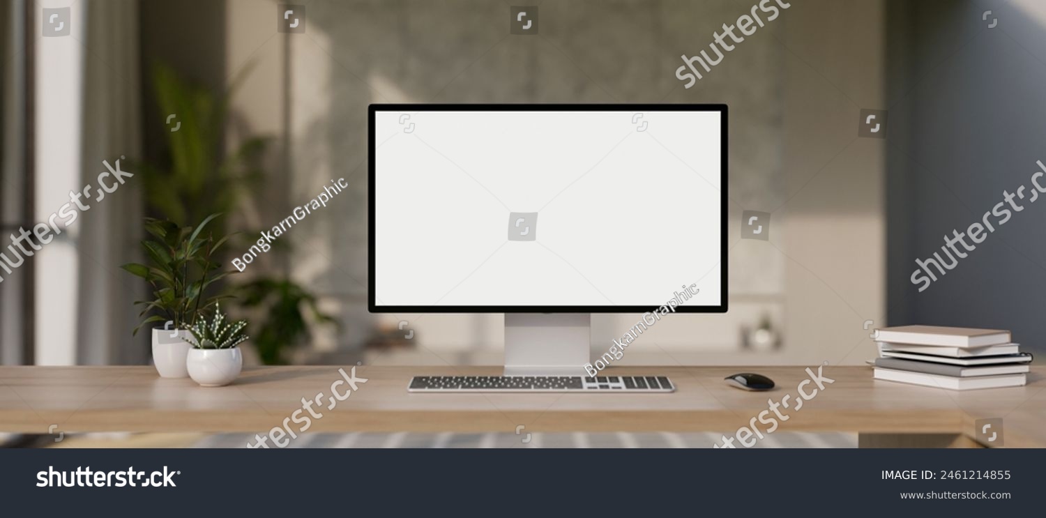 A front view of a white-screen desktop computer mockup and accessories ...