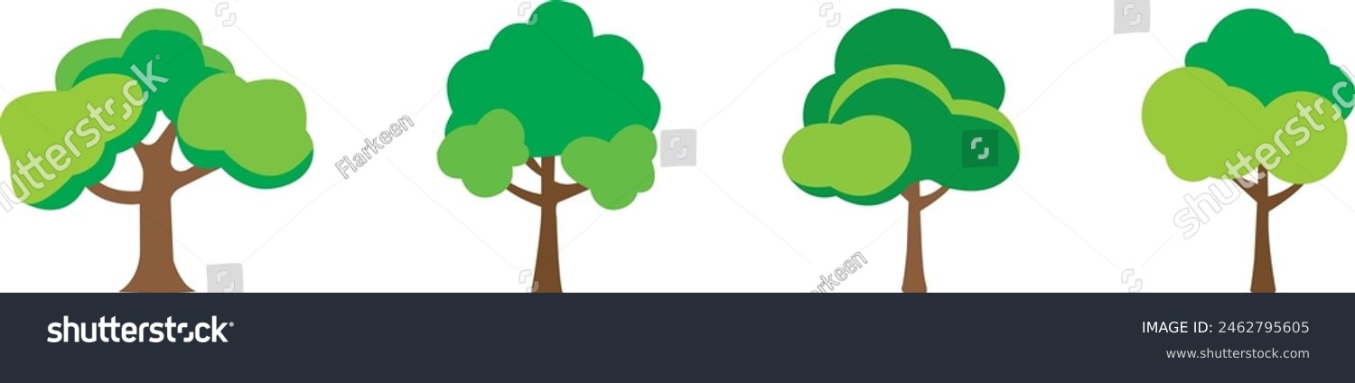 Green trees flat vector illustration. Beautiful green leaves isolated on white. Spring time ...