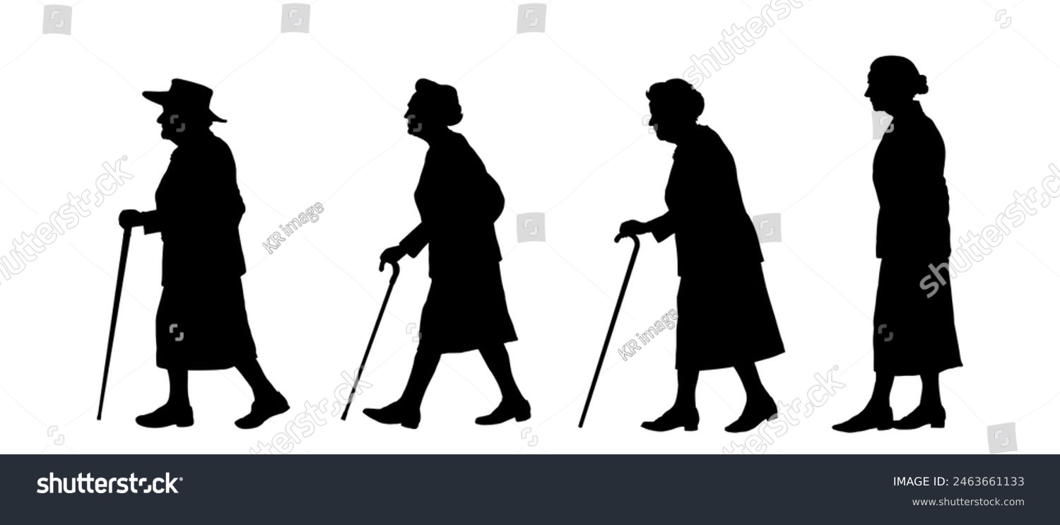 Set of silhouette of old woman walking old age senior woman - vector ...