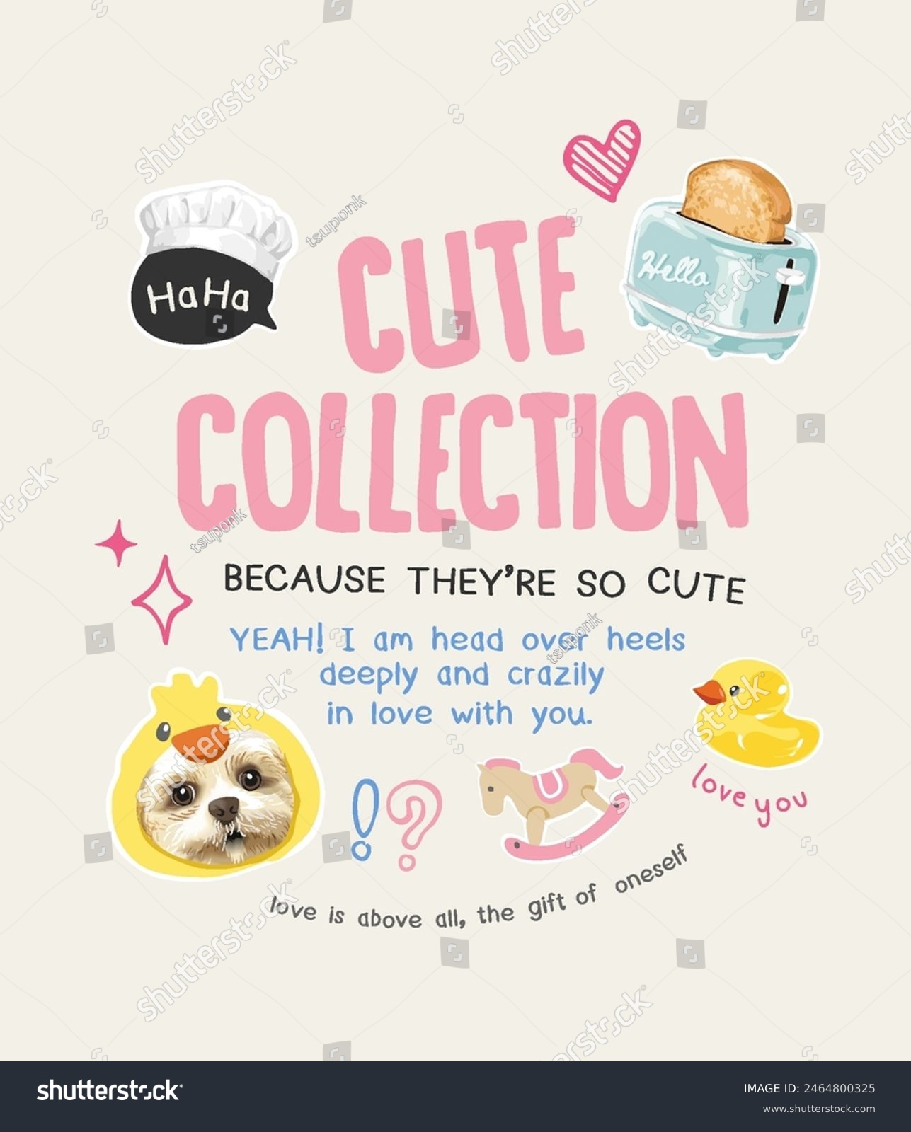 cute collection slogan with cute toy and puppy hand drawn vector ...