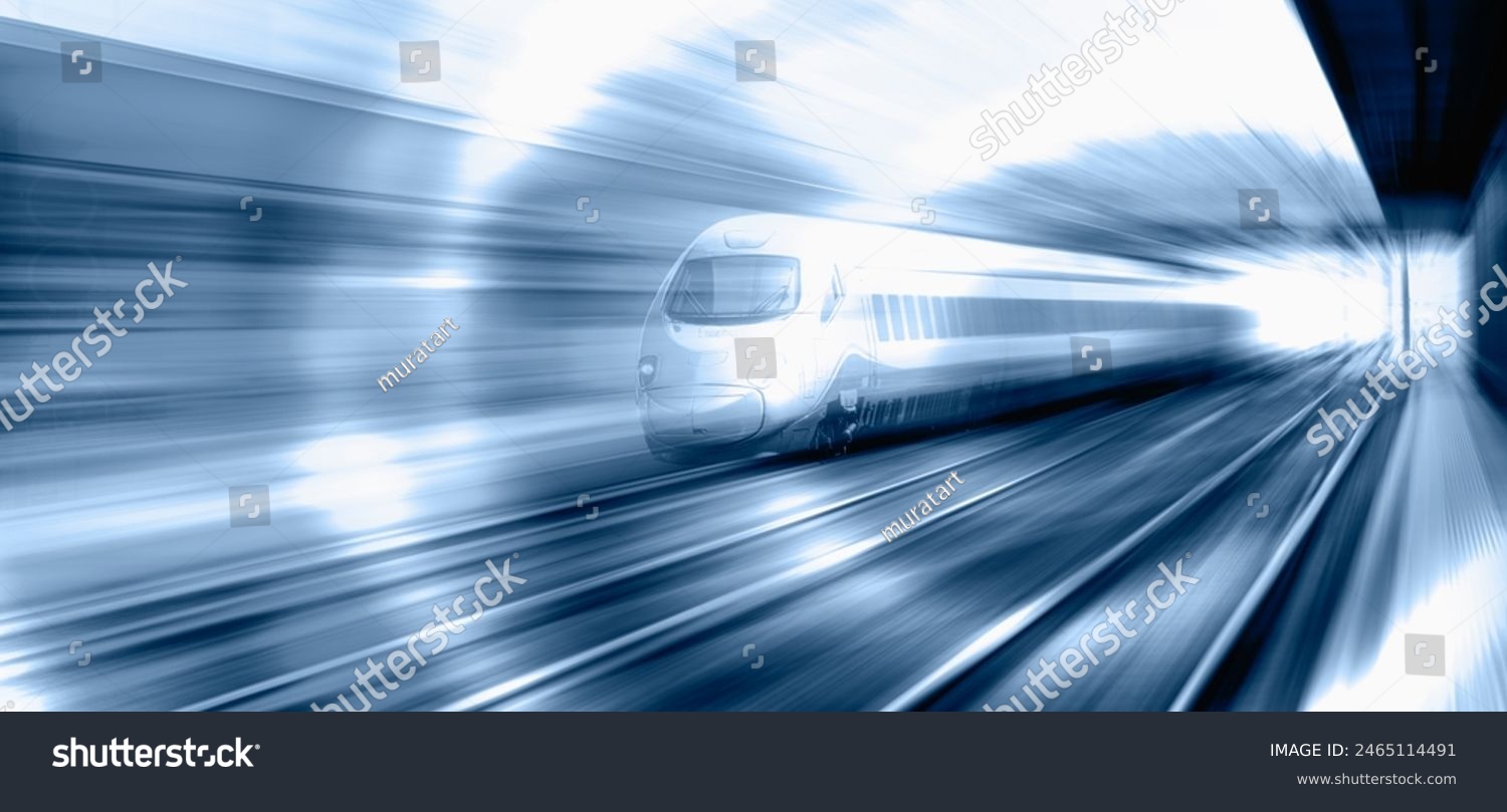 Blue high speed train runs on rail tracks - The train is going too fast ...