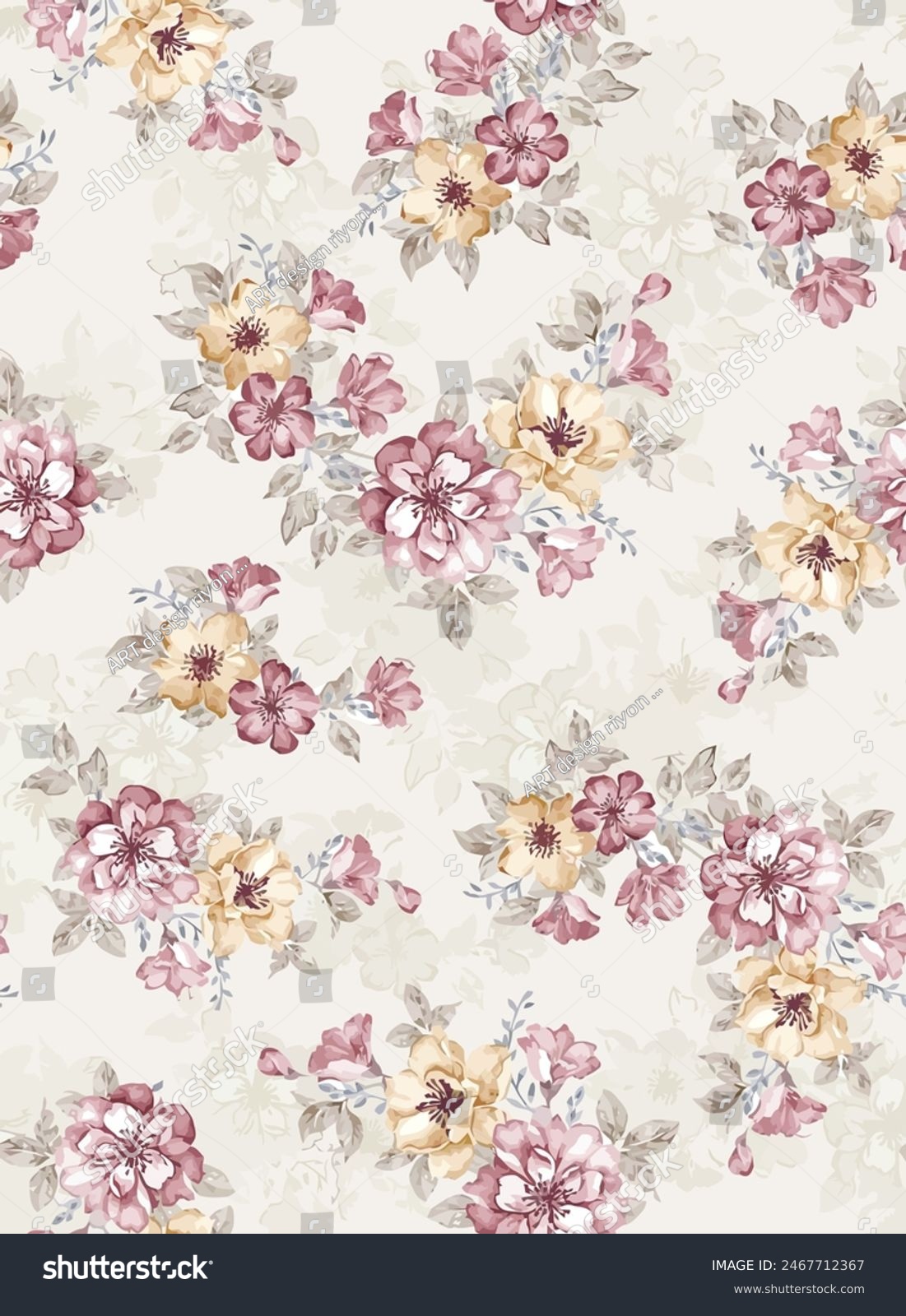 textile design art mauve yellow flowers beige leaves abstract effect ...