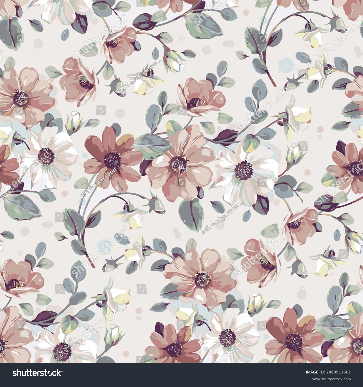 textile design art brown yellow beige flowers green leaves abstract ...