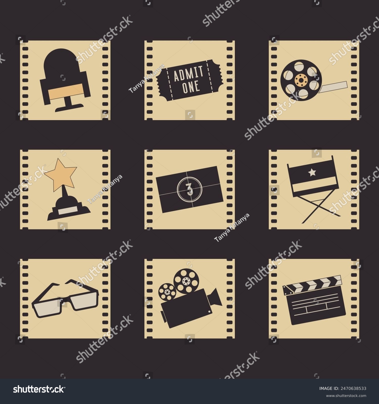 Cinema icons set. Movie theatre attributes collection. Filming ...